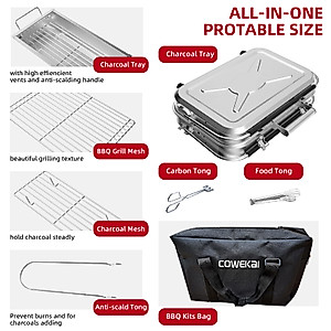 Charcoal Grill COWEKAI Portable Folding Barbecue Grill BBQ Smoker Stainless Steel Durable Tabletop Tool Kits for Outdoor Picnic Patio Backyard Camping Cooking (BK-15.7"L× 12.6"H × 12.4"W)