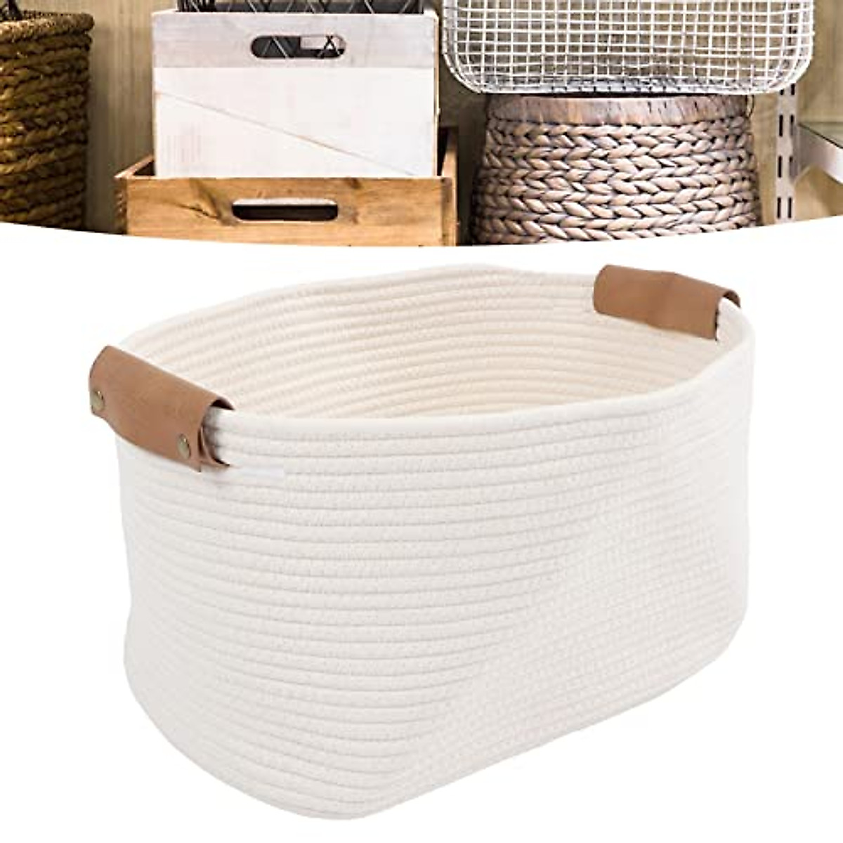 Cotton Rope Storage Basket, Woven Lightweight Rope Basket Large Capacity Flexible with Handle for Laundry (Type C)