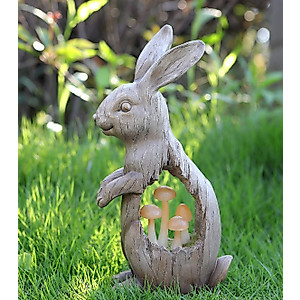 Joyathome Solar Garden Bunny Statues Rabbit with Mushroom Figurine, Solar Powered Resin Animal Sculpture Outdoor Lights for Patio Lawn,Yard ATR Garden Sculpture Decorations,11.7”H