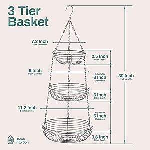 Heavy Duty 3-Tier Hanging Fruit and Vegetable Basket with 2 Metal Ceiling Hooks, Chrome