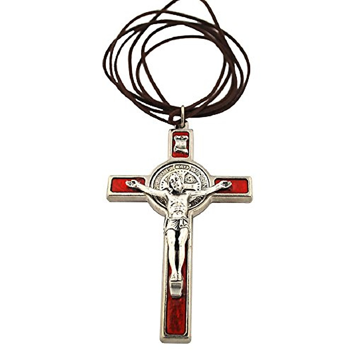 St. Benedict Crucifix with Round St. Benedict Medal Inlay | 3" Silver-Tone and Red Enamel Cross with Cord and Booklet | Patron Saint of Students and Europe | Made in Italy