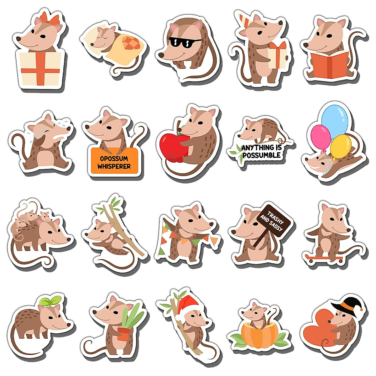 GOLEEX 20 Pack Pcs Waterproof Vinyl Opossum Stickers Funny Animal Cartoon Sticker for Teens Boys Girls Men Women Adults Journaling Scrapbooking Laptop Phone Cars Bottles Decals