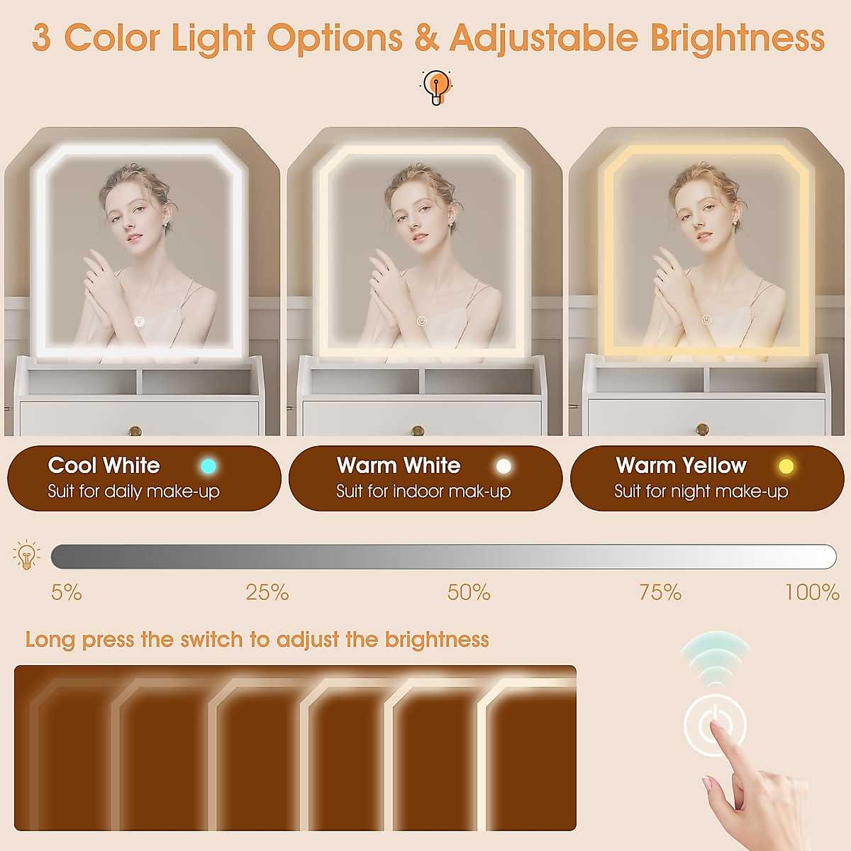 Small Makeup Vanity Desk with Mirror and LED Lights, White Little Girls Vanity Table with Drawer and Cushioned Stool Set Kids Dressing Table Set for Bedroom 3 Color Lighting with Adjustable Brightness