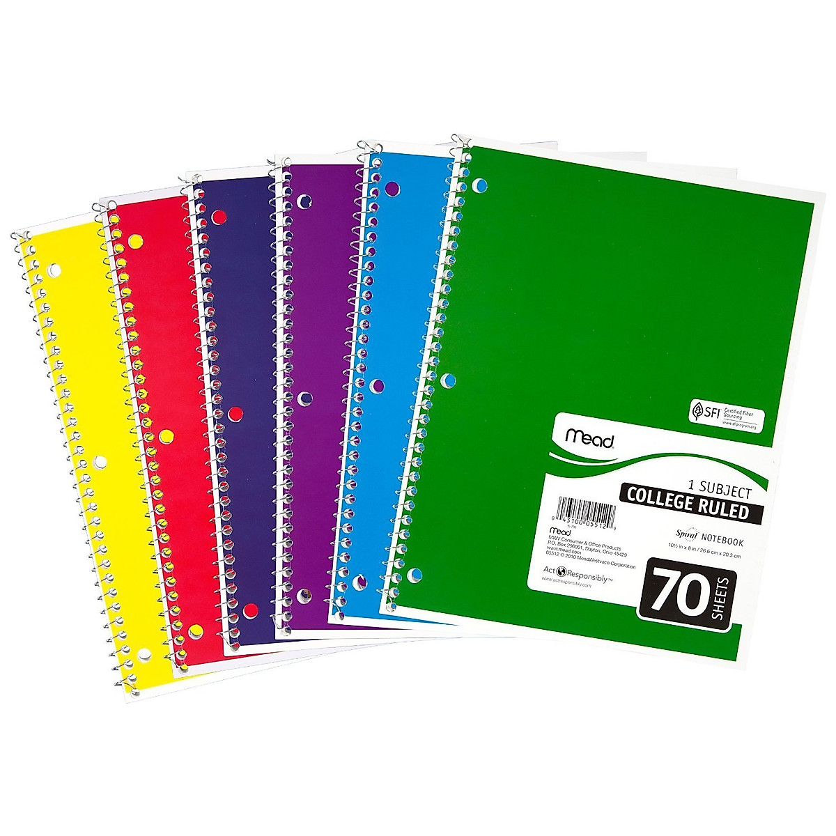Mead 05512 Spiral Notebook, College Ruled 7.5" x 10.5" 70 Sheets, 1 Subject, 6 Pack, Colors May vary