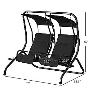 Outsunny Patio Swing Chair with 2 Separate Seats, Outdoor Swing Glider with Removable Canopy and Cup Holders, for Porch, Garden, Poolside, Backyard, Black