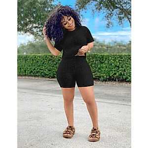 Angsuttc Summer Outfits for Women, Textured Track Suits Short Sleeve Tops Biker Shorts Two Piece Workout Set Black L