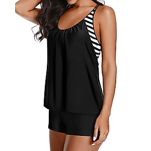 Yonique Tankini Swimsuits for Women Athletic Swim Tank Top with Boy Shorts Two Piece Tummy Control Bathing Suits Black&Stripe L