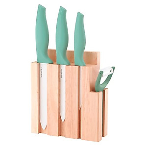 Wamery Ceramic Knife Set with Block - Chef Knife, Utility Knife, Paring Knife Rust Proof Sharp Turquoise Kitchen Knife Set with Wood Block and Fruit Peeler