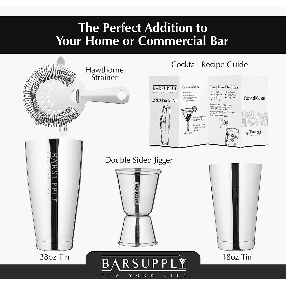 Professional Boston Cocktail Shaker Set | 4-Piece Bar Set | Stainless Steel 304 | 28oz/18oz Weighted Shaker Tins | Hawthorne Strainer | Double Sided Jigger | Recipe Booklet | Bartender Kit (Silver)