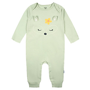 Gerber Baby Girls' 2-Pack Long Sleeve Jumpsuit, Green Yellow Fox, 6-9 Months
