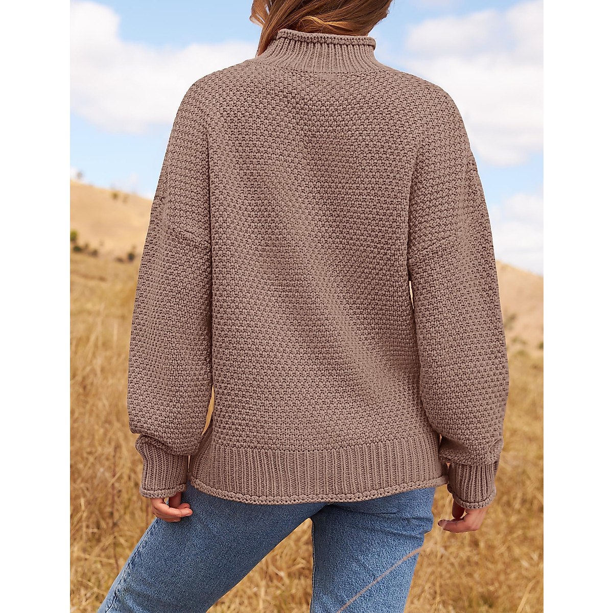 ZESICA Women's Turtleneck Batwing Sleeve Loose Oversized Chunky Knitted Pullover Sweater Jumper Tops,Khaki,Medium