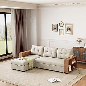 Acosure 84" Sectional Couch with Pullout Bed,L Shape Sofa Bed W/Storage Chaise and Wooden Rack,3 Movable Back Cushions,for Living Room,Office,Beige