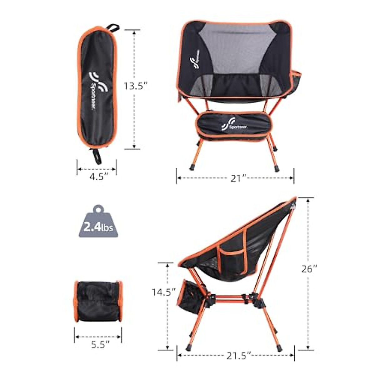 Sportneer Backpacking Chair, Lightweight Portable Camping Chair for Adults Foldable Outdoor Collapsible Camp Chair for Camping Hiking Lawn Picnic Beach Outside Travel