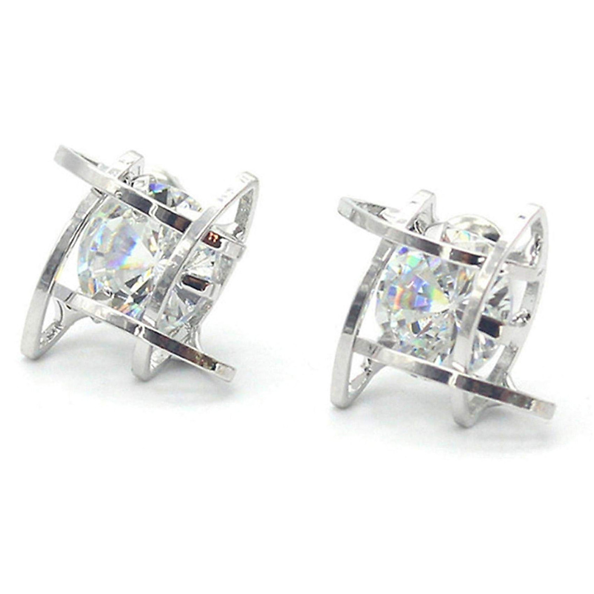 Guoshang Women Geometric Cube Crystal Earrings Rhinestone Ear Studs Gold Silver 2 Colors,Silver,1 Pair