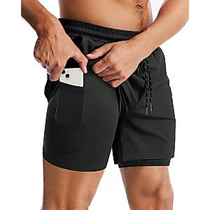 Aolesy Men’s 2 in 1 Running Shorts 5 Inch Workout Gym Athletic Shorts for Men Quick Dry Lightweight Training Shorts with Pockets Black