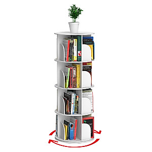 Rotating Bookshelf, Revolving Bookcase, Spinning Book Shelf, 4 Tier, 18.2” W x 50.6” H, White, Wood, 360 Degrees Bookshelves, Floor Stand, Rotation Display Tower, Stackable, Round, for Kids, Children