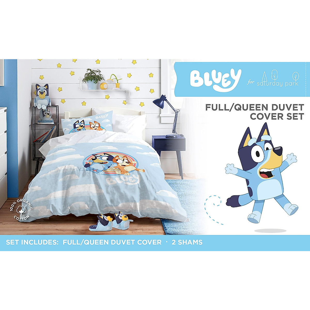 Saturday Park Bluey and Bingo Rainbow Clouds Full/Queen Duvet Cover & Sham Set - 3 Piece 100% Organic Cotton Duvet Set - GOTS & Oeko-TEX Certified