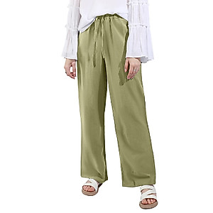 utcoco Women's Cotton Linen Drawstring High Waisted Pants Casual Loose Fit Wide Leg Trousers (XL, Green)