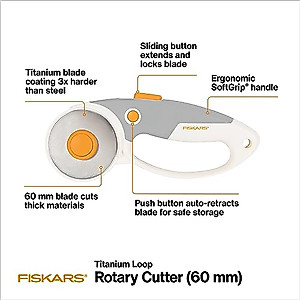 Fiskars 60mm Rotary Cutter for Fabric - Titanium Rotary Cutter Blade - Craft Supplies - Crafts, Sewing, and Quilting Projects - White