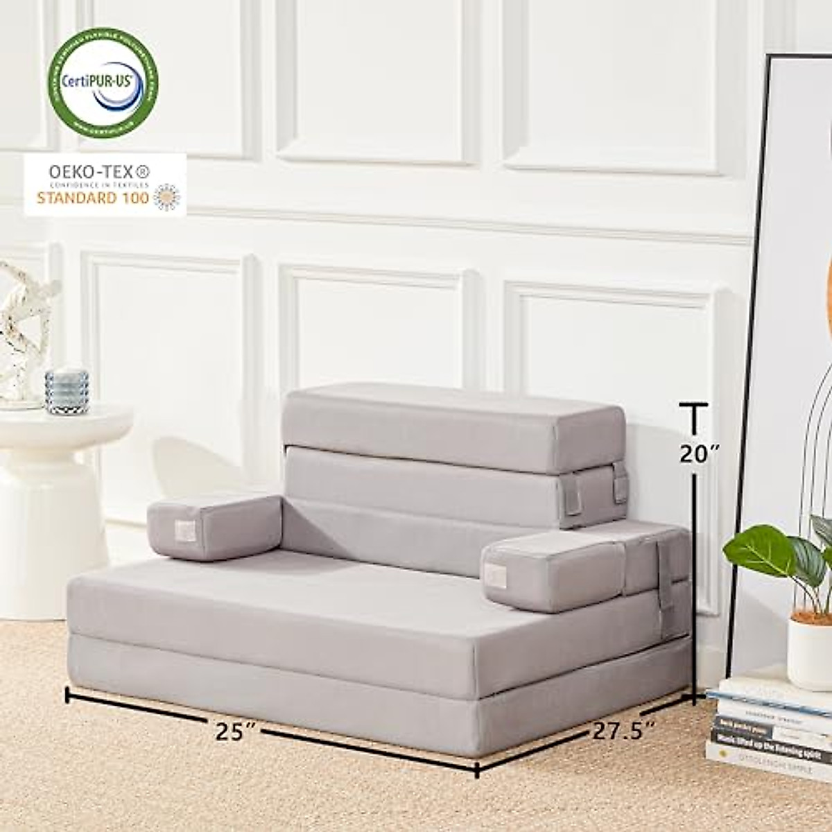 Lazyzizi Sleep 4 Inch Foldable Mattress, Portable Floor Mattress Couch with Headrest, Washable Cover, Foldable Foam Couch Single for Guest Bed, Folding Sofa Bed, Camping, Road Trip, Dark Grey