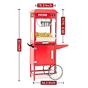 Garvee Commercial Popcorn Machine with Stand - Professional Cart Popcorn Maker Machine With 8 Oz Kettle Makes Up to 60 Cups, With Lockers for Home Movie Theater Style 34.3 * 19.3 * 31 inches