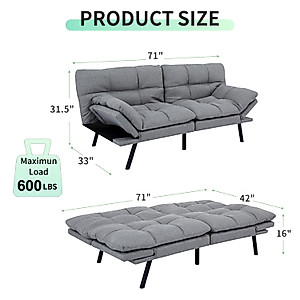 MUUEGM Futon Sofa Bed Modern Folding Futon Set, Convertible Recliner for Living Room,Small & Compact Spaces, Metal Legs,Easy Assembly，Adjustable Backrest&Armrests, Linen,Light Gray.