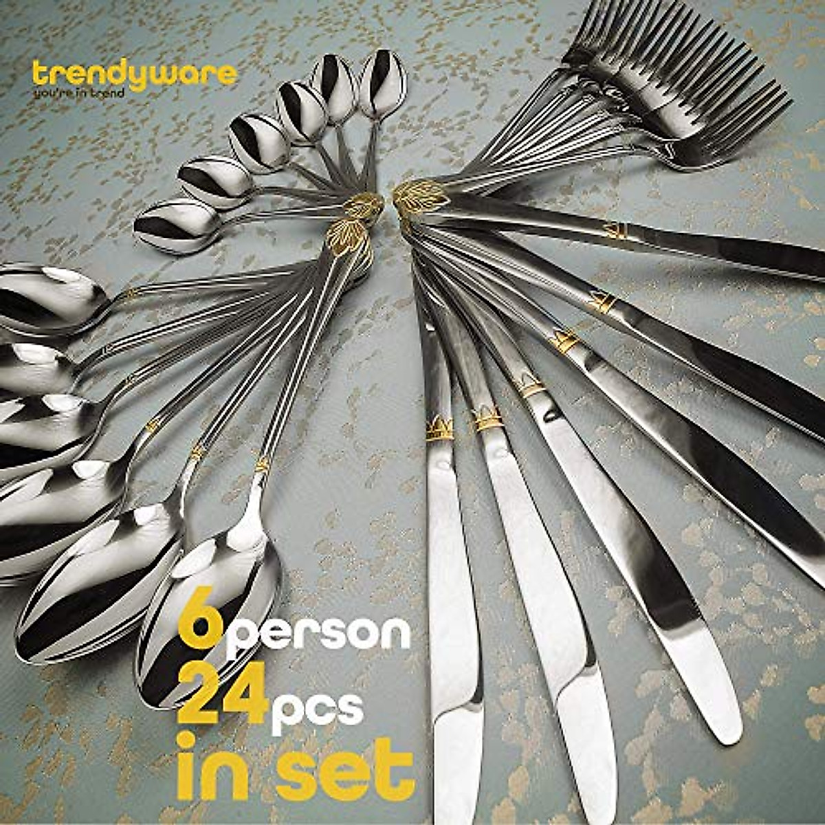 Silverware Set Limited Edition – 24 Piece Family Dinnerware Set – Flatware Set for 6 – Silver Tableware Set w/Gold Accents – Great for Family Gatherings & Daily Use – Spoons, Knives, Teaspoons, Forks