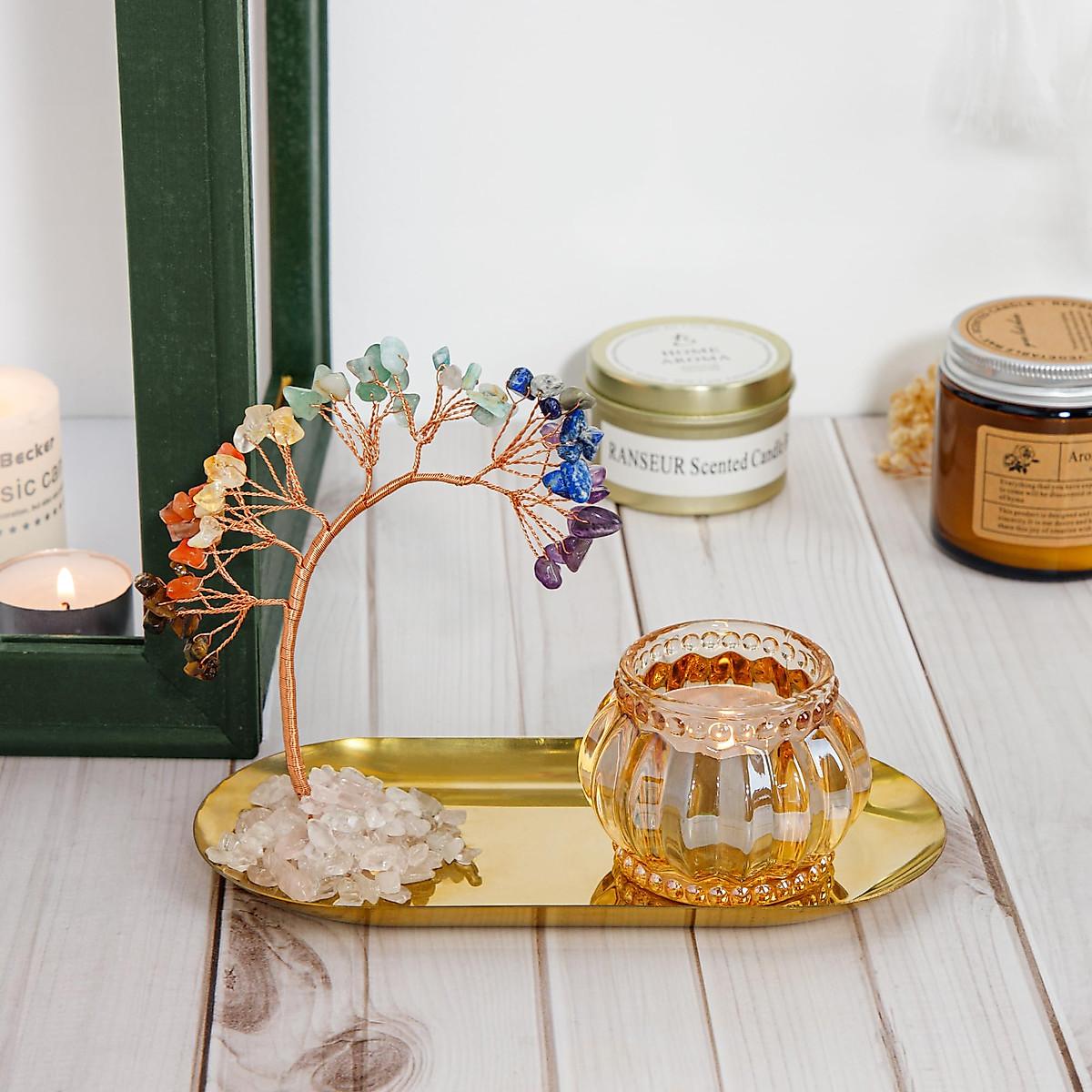 ZenBless Gold Votive Candle Holders,7 Chakra Healing Crystal Tree for Centerpiece Table Decorations, Ribbed Glass Tea Light Candle Holder Set with LED Candle for Home Decor Meditation Accessories