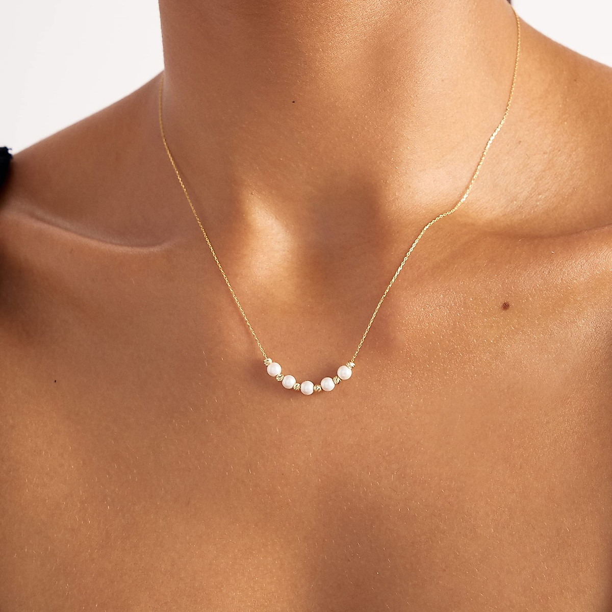 14k Real Gold Pearl Necklace for Women | Gold Ball Necklaces in 14k Gold | Pearl and Beads Necklaces | Delicate Beaded Jewelry | Gifts for Anniversary, 18"