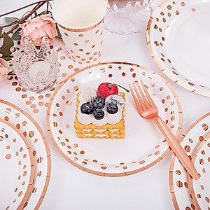 Supernal 350pcs Rose Gold Plates and Napkins Party Supplies,Happy Birthday Plates and Napkins,Rose Gold Paper Plates,Napkins,Cups,Rose Gold Plastic Forks,Knives,Spoons for Womens Birthday Decorations