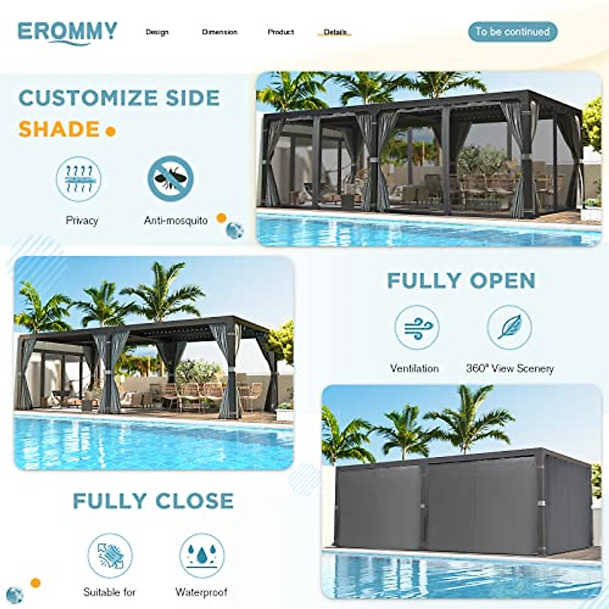 EROMMY 12' x 20' Outdoor Louvered Pergola, Patio Hardtop Gazebo, Sun Shade Shelter, Adjustable Metal Roof Hardtop Gazebo for Deck Patio Garden Yard, Curtains and Netting Included, Gray-Black