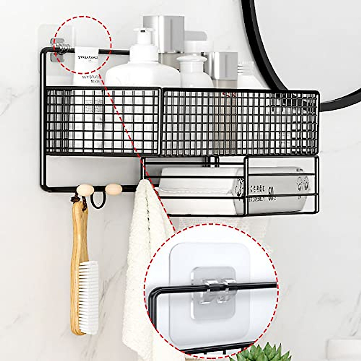 Shower Caddy Shelf with Hooks and Paper Rack Punch-free Bathroom Storage Rack Organizer No Drilling Wall Mounted Stainless Steel Shower Basket Storage Shelf (Golden)