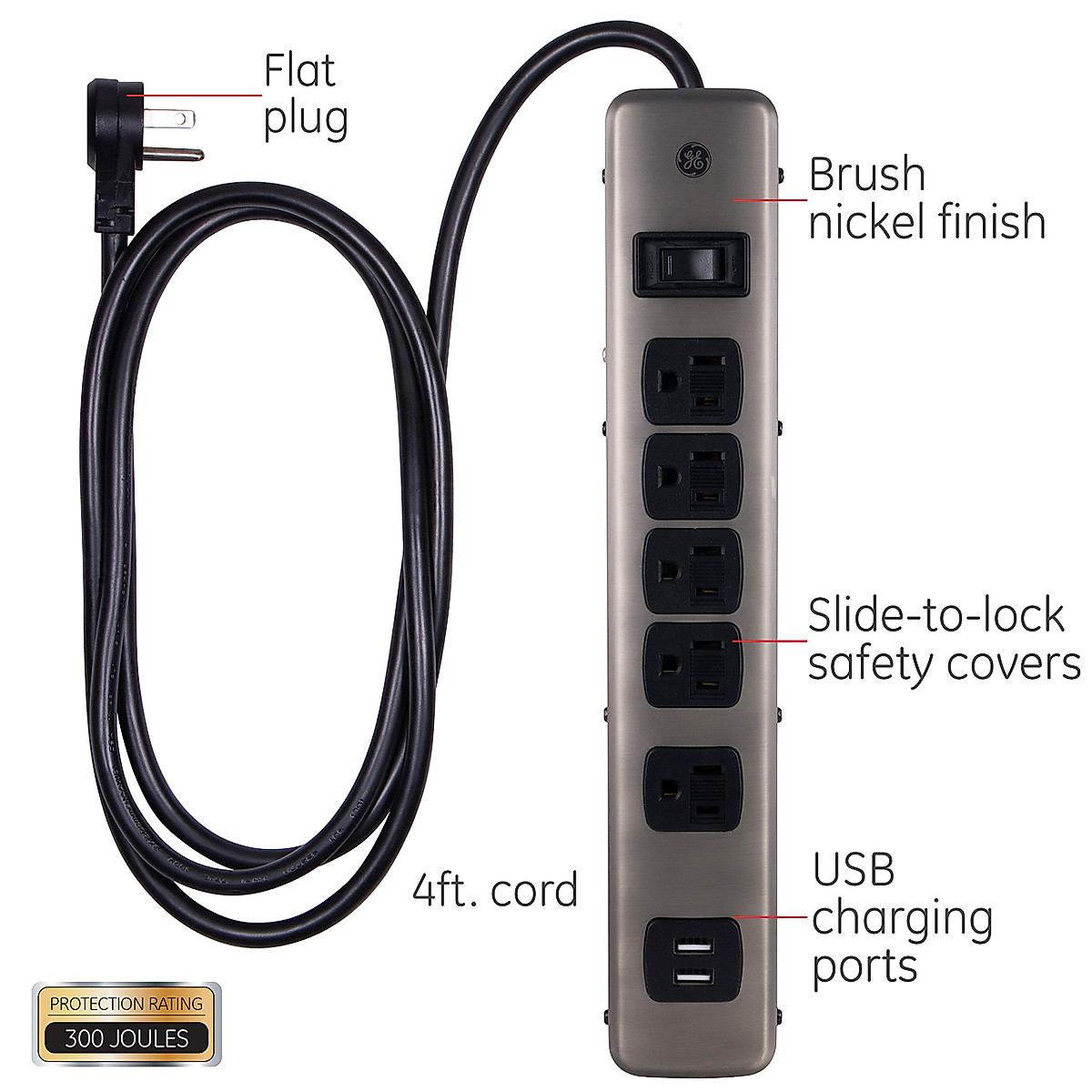GE 5-Outlet Surge Protector Power Strip, 2 USB Ports, 4 ft Long Extension Cord, Flat Plug, Extra Wide Adapter Spaced Outlet, Slide-to-Close Safety Outlets, 300 Joules, Brushed Nickel, 25428