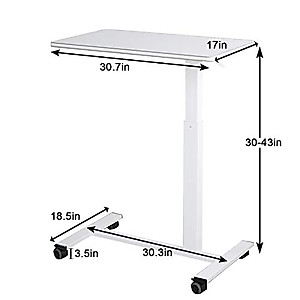 TigerDad Pneumatic Adjustable Overbed Table with Gas Spring Riser | Medical Adjustable Bed Side Table with Wheels | Portable Standing Desk for Laptop Computer with Large Work Space 30.7"x 17"