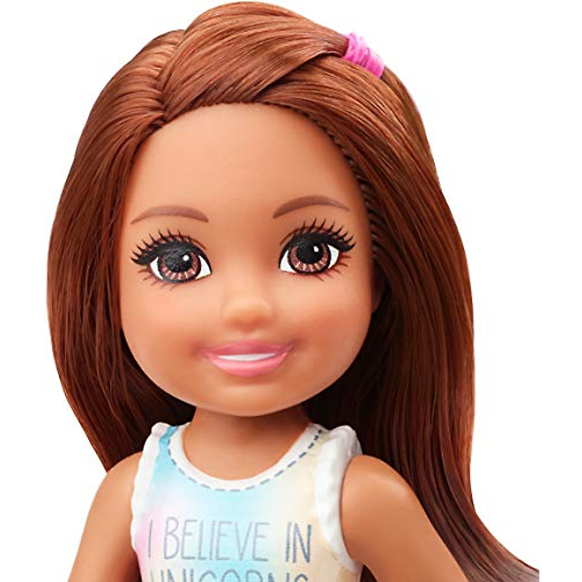 Barbie Club Chelsea Doll (6-inch Brunette) Wearing Unicorn-Themed Graphic and Star Skirt, for 3 to 7 Year Olds