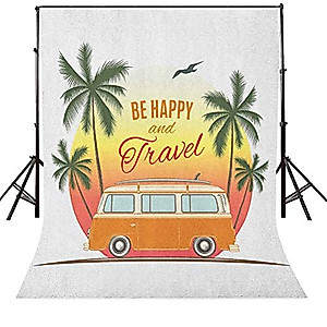 3x5 FT Vinyl Photography Background Backdrops,Retro Surf Van with Palms Camping Relax Hippie Travel Be Happy Free 60s Theme Background for Graduation Prom Dance Decor Photo Booth Studio Prop Banner
