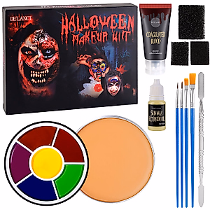 DE'LANCI SFX Makeup Kit,All-In-1 Professional Special Effects Halloween Makeup Set,Face Body Paint,Brush,Fake Scar Wax,Fake Blood,Sponge,Spatula,Cosplay Wound Molding Stage Zombie Makeup for Kid Adult