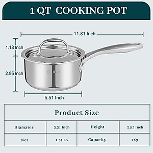 DELUXE Sauce Pan with Lid, 1 Quart Stainless Steel Saucepan with Stay-Cool Handle, Multipurpose Cooking Pot for Sauces Pasta, Suitable Induction/Electric Gas Cooktops, Dishwasher Oven Safe