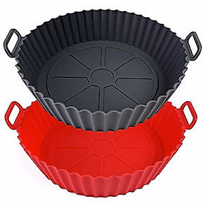 Air Fryer Silicone Liners Set of 2 Air Fryer Liners Pot Reusable Silicone Liners for Cooking, Baking, Oven Safe Replacement of Flammable Parchment Liner paper Grey+Red (Top 8 in, Bottom 6.8in)