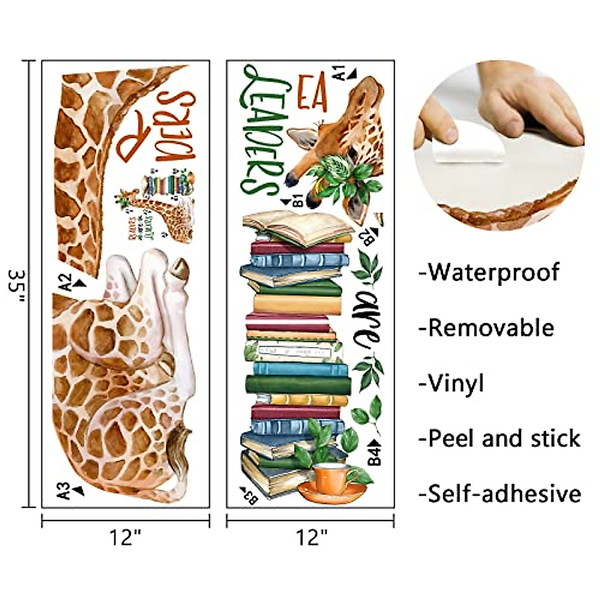 Mfault Giraffe Reading Corner Baby Boys Girls Wall Decals Stickers, Readers are Leaders Woodland Animals Read Books Nursery Playroom Decorations Bedroom Classroom Art, Kids Library Toddler Room Decor