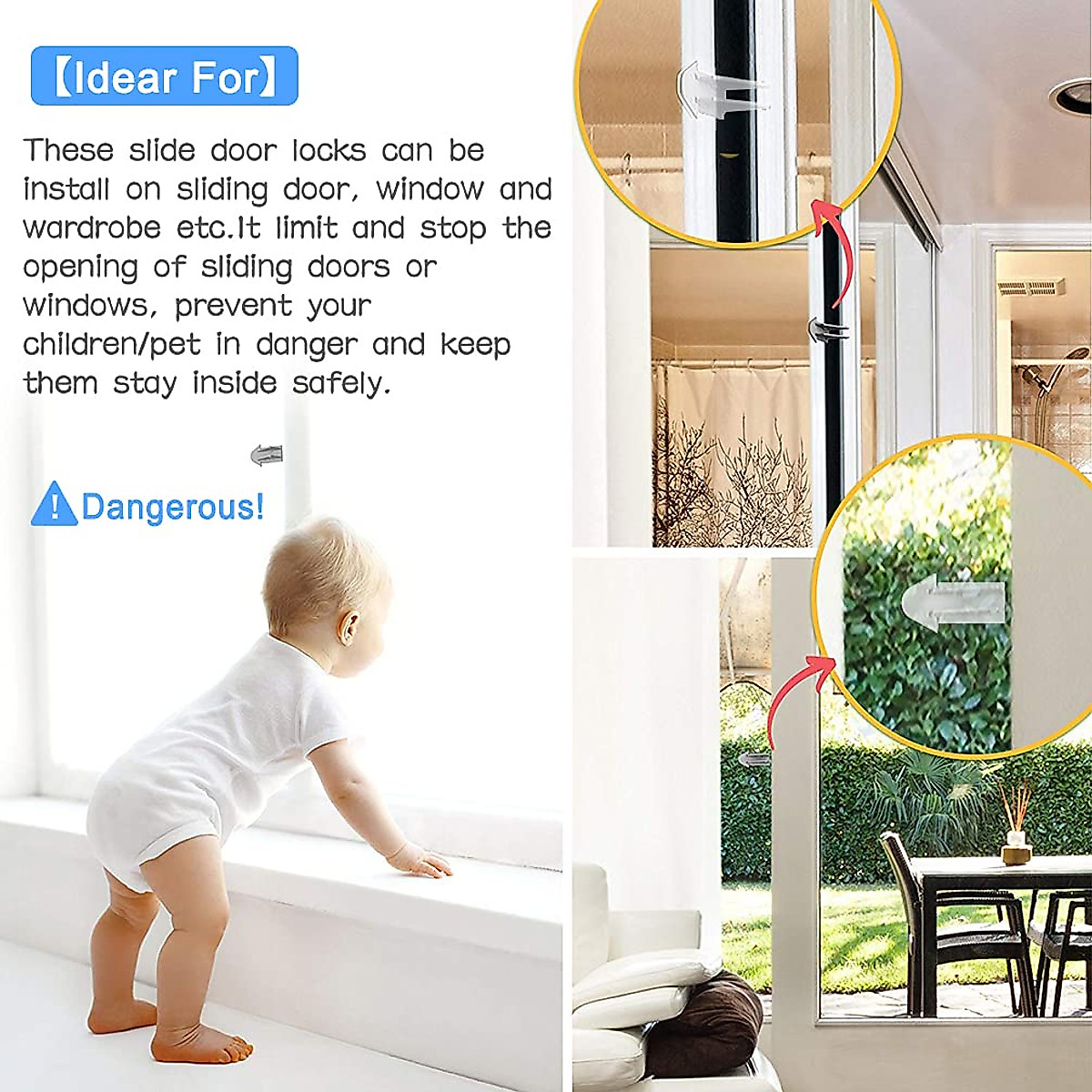 Maveek Upgraded Invisible Child Safety Lock, 8 Pcs Clear Sliding Door Latch Locks Door Window Security Bar, Keyless Jammer Stopper for Kids Baby Proofing