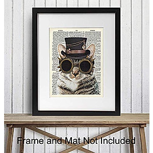 Steampunk Cat Wall Art - Funny Goth Cat Wall Decor Print for Bedroom, Veterinarian Office - Gift for Vet, Boys, Men, Teens, Women, Kitty, Kitten, Feline, Pet, Cat Lovers - Unique Gothic Dictionary Art