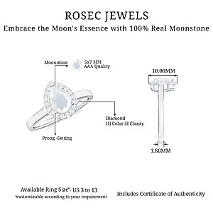 Natural Certified 5X7 MM Moonstone Halo Engagement Ring with Diamond, AAA Quality (With Ready To Gift Jewelry Box), 14K White Gold, Size:US 6.50