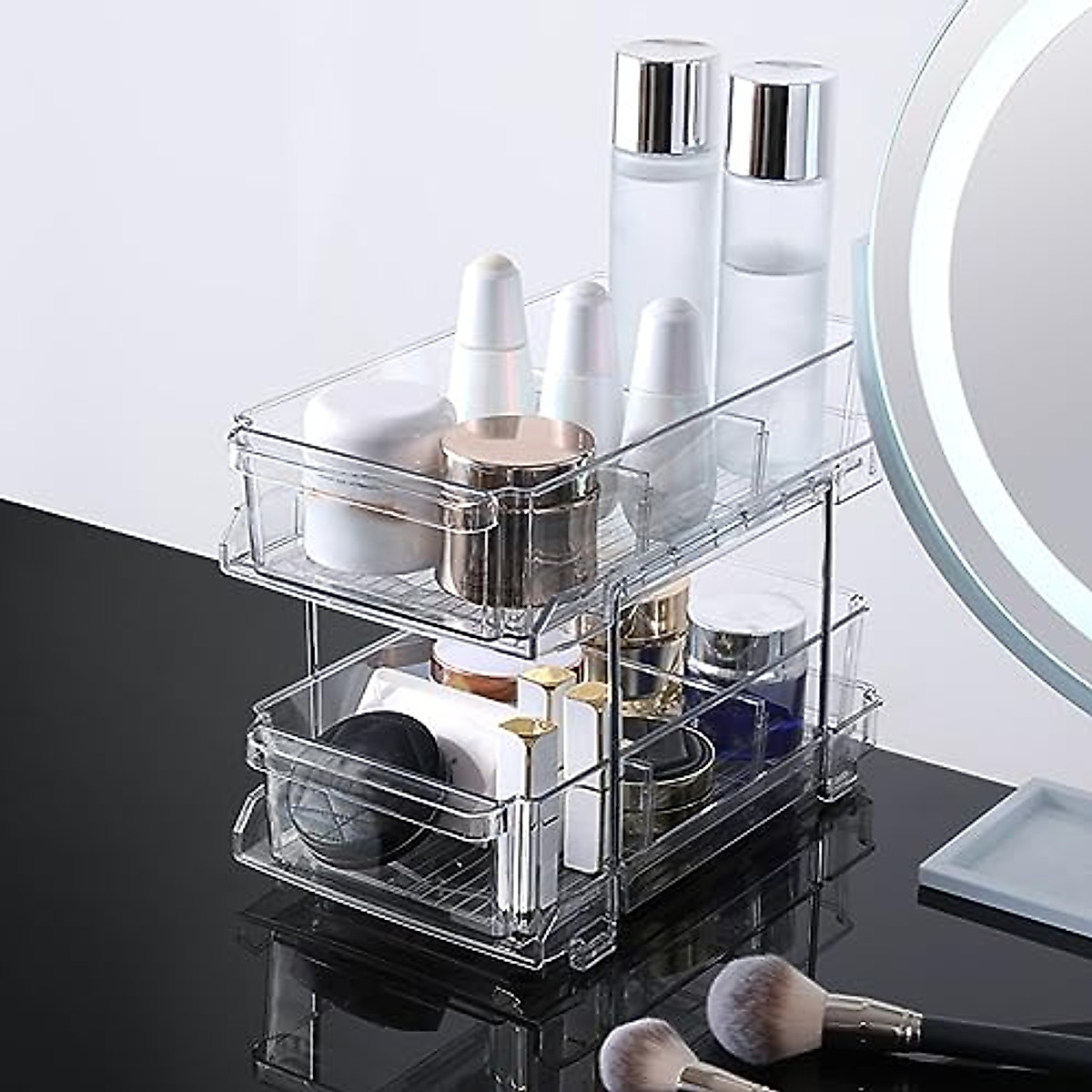 Frogued Multi-functional Storage Rack 2 Tier Clear Plastic Heavy Duty Large Capacity Bathroom Kitchen Countertop Under Sink Sliding