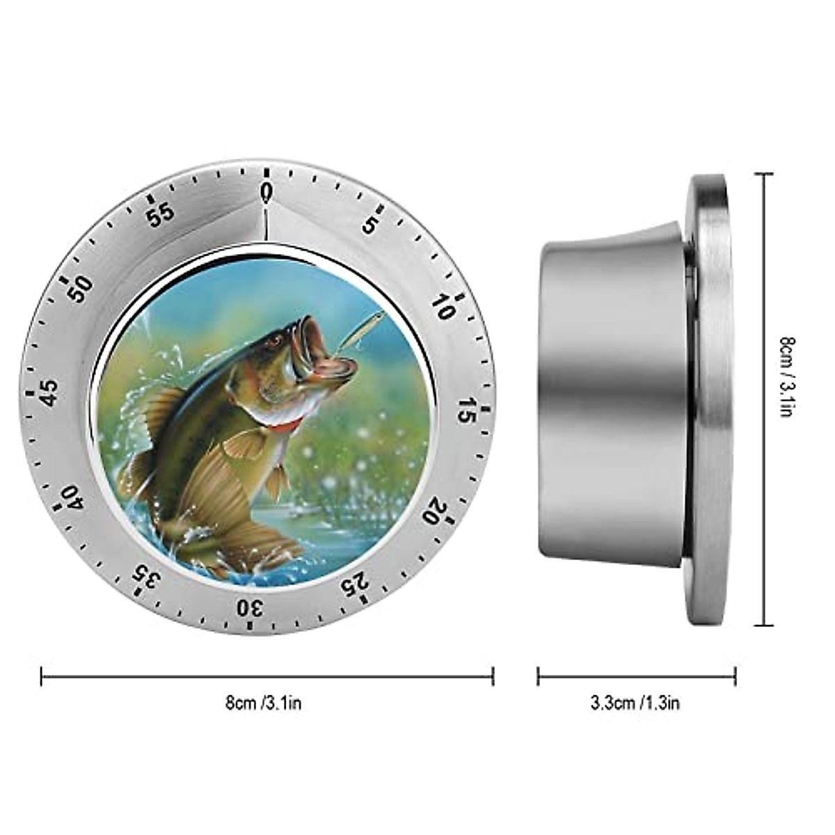 Bass Fishing 60 Minute Timer Stainless Steel Wind Up Timer Magnetic Timer Time Management for Cooking Kitchen