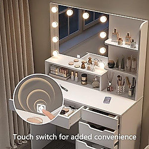Diwnnue Vanity Desk with LED Lighted Mirror, Makeup Vanity Table Set with 6 Drawers, 3 Color Lighting Modes Brightness Adjustable, Hidden Wiring, Dressing Table for Bedroom, White