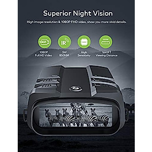 VABSCE Digital Night Vision Binoculars, 1080p FHD, 1640ft Viewing Range, Superior 5W Infrared, High Sensitivity COMS Sensor Night Goggles for Hunting, Camping and Surveillance with 64GB Micro SD Card