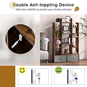 Giantex 9-Cube Bookcase with 2 Drawers - Industrial Freestanding Open Display Shelving with Anti-toppling Device, 12 Storage Shelves, Wooden Tree Shaped Bookshelf for Living Room, Rustic Brown