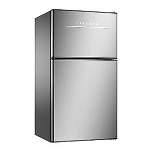 Frestec Mini Fridge with Freezer, Small Refrigerator, 2 Door Mini Fridge for Bedroom, 3.2 Cu.Ft, Low Noise, 7 Settings Temperature Adjustable Control (Stainless Steel)