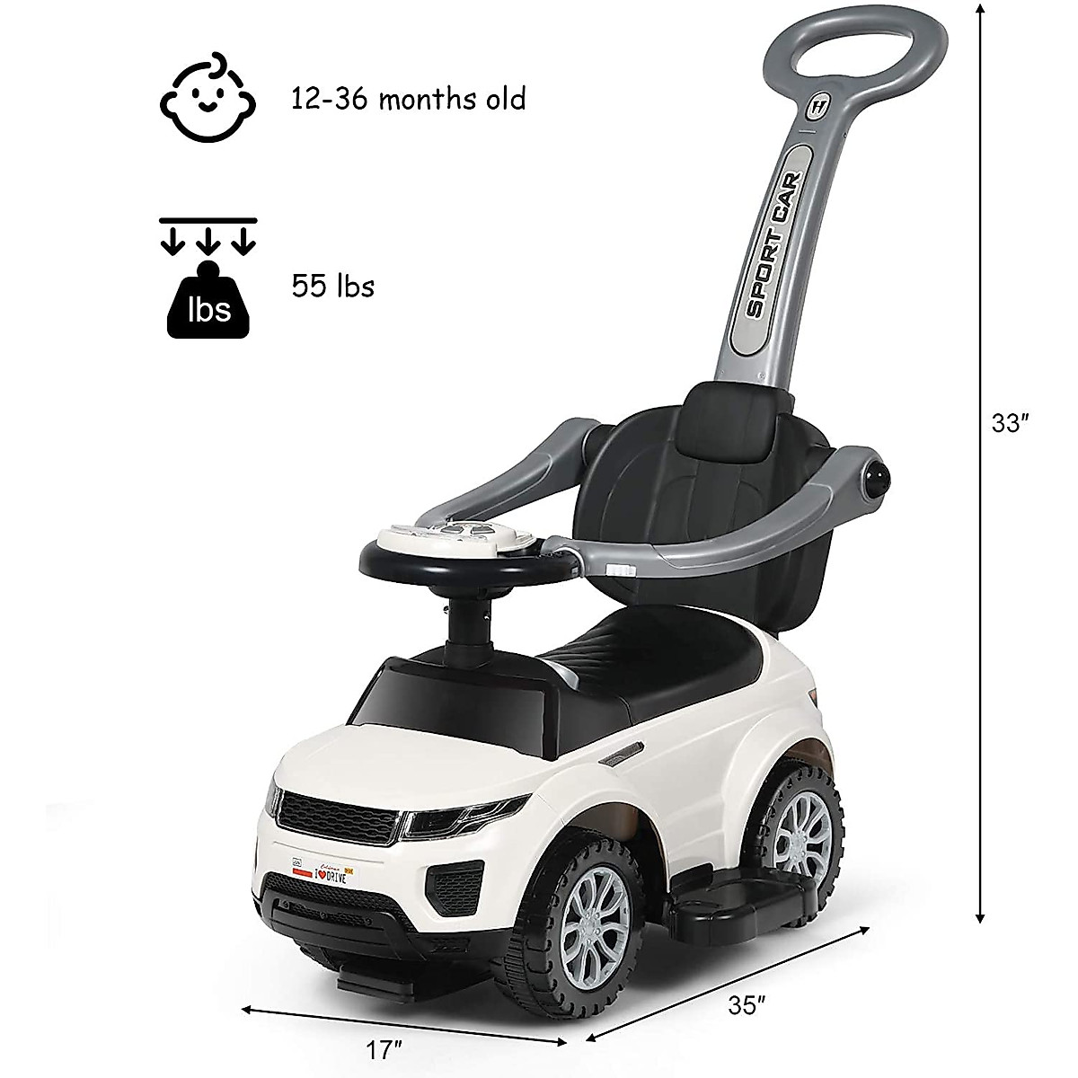 GLACER Push Cars for Toddlers 1-3, 3-in-1 Kids Sliding Car with Detachable Guardrail, Horn, Music, Lights, Storage Box and Anti-Roll Design, Ride on Push Car for Boys Girls(White)